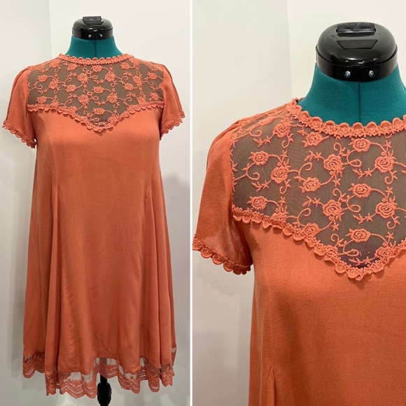 b-SHARP | Dresses | Coral Shifttent Dress With Rose Patterned Lace And Contrast Details | Poshmark